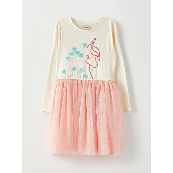 Bisiklet Yaka Pul İşlemeli Uzun Kollu Kız Çocuk Elbise