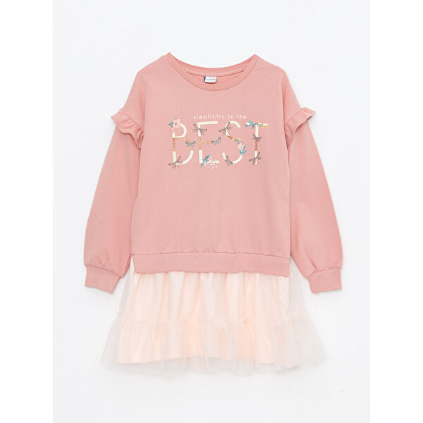 Bisiklet Yaka Baskılı Uzun Kollu Kız Çocuk Elbise