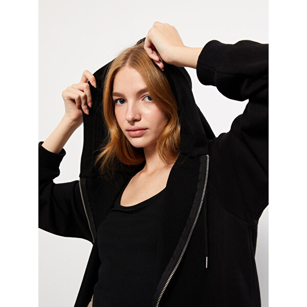 Kapüşonlu Düz Uzun Kollu Kadın Spor Hırka Kapüşonlu Düz Uzun Kollu Kadın Spor Hırka