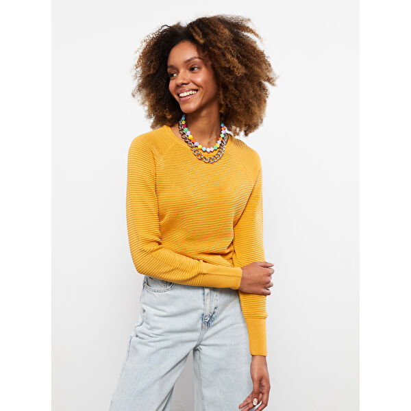 Bisiklet Yaka Kendinden Desenli Uzun Kollu Kadın Triko Kazak