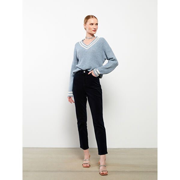 Normal Bel Dar Fit Düz Kadife Kadın Pantolon