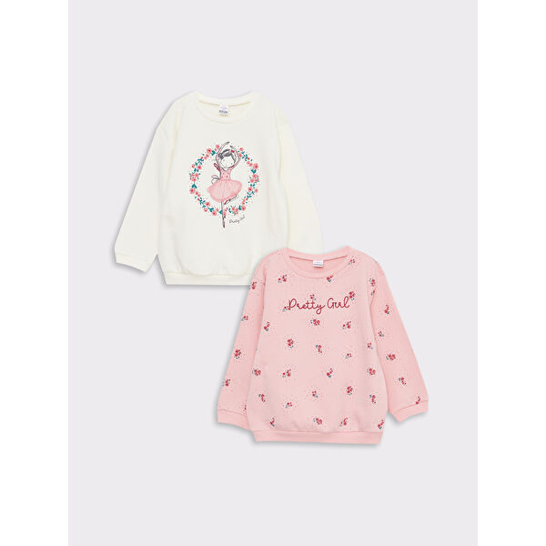 Bisiklet Yaka Uzun Kollu Baskılı Pamuklu Kız Bebek Sweatshirt 2'li