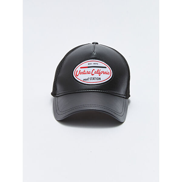 Deri Görünümlü Nakışlı Erkek Kep Şapka