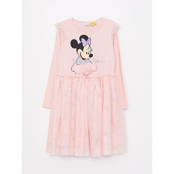 Bisiklet Yaka Minnie Mouse Baskılı Uzun Kollu Kız Çocuk Elbise