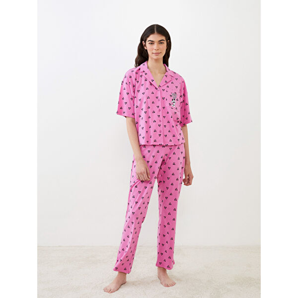 Gömlek Yaka Mickey Mouse Baskılı Kısa Kollu Pamuklu Kadın Pijama Takımı Gömlek Yaka Mickey Mouse Baskılı Kısa Kollu Pamuklu Kadın Pijama Takımı