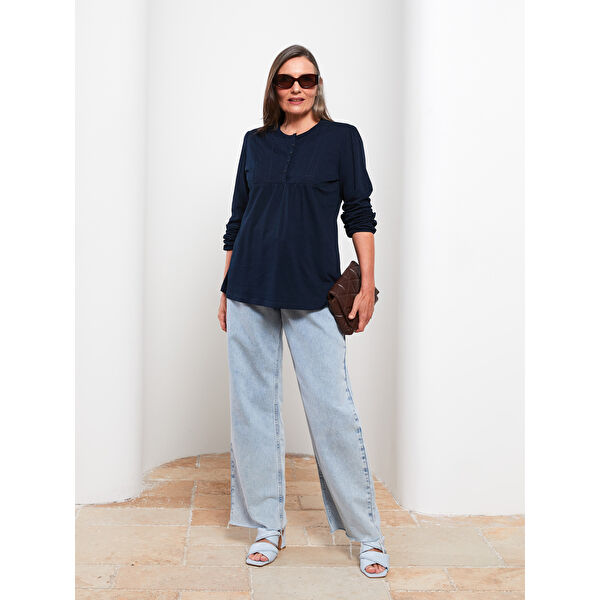 Bisiklet Yaka Nakışlı Uzun Kollu Pamuklu Kadın Tişört