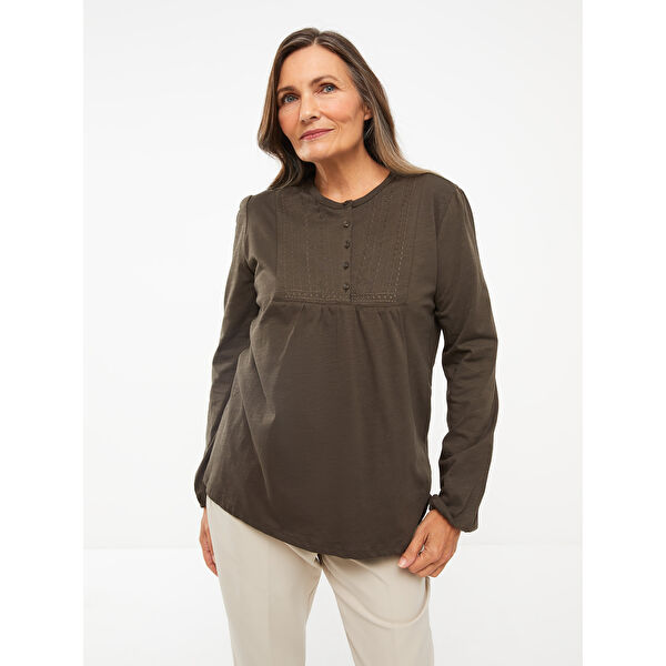 Bisiklet Yaka Nakışlı Uzun Kollu Pamuklu Kadın Tişört Bisiklet Yaka Nakışlı Uzun Kollu Pamuklu Kadın Tişört