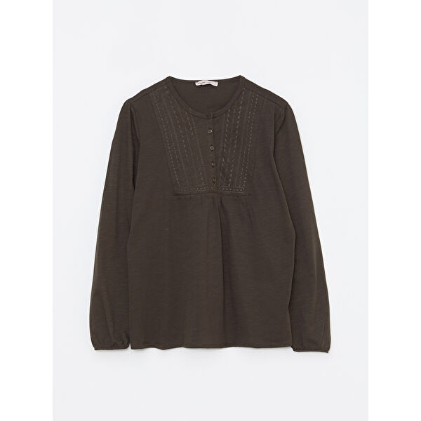 Bisiklet Yaka Nakışlı Uzun Kollu Pamuklu Kadın Tişört