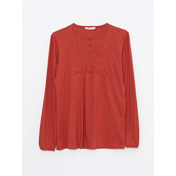 Bisiklet Yaka Nakışlı Uzun Kollu Pamuklu Kadın Tişört