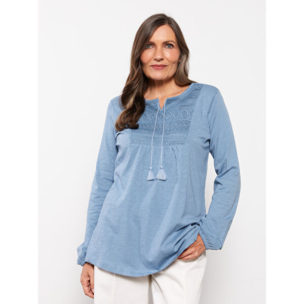 Bağlamalı Yaka Nakışlı Uzun Kollu Kadın Bluz