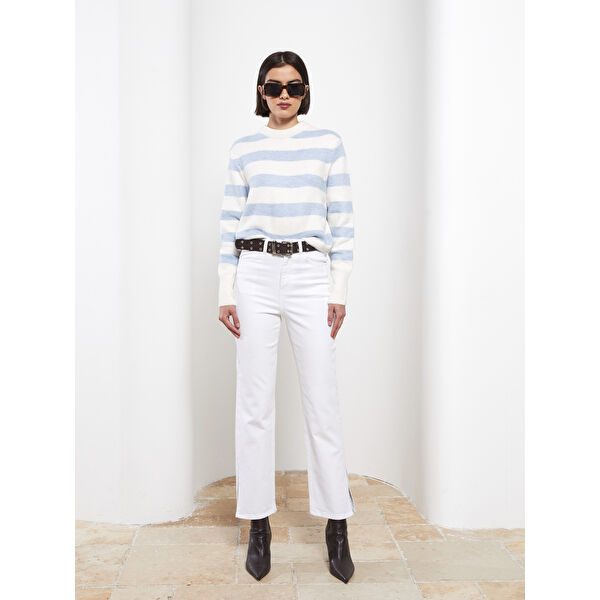 Dik Yaka Çizgili Uzun Kollu Kadın Triko Kazak Dik Yaka Çizgili Uzun Kollu Kadın Triko Kazak