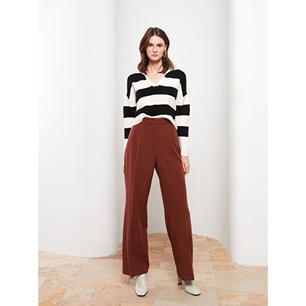 Polo Yaka Renk Bloklu Uzun Kollu Kadın Triko Kazak