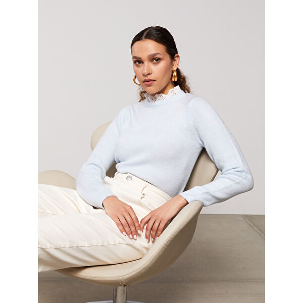 Fırfırlı Dik Yaka Düz Uzun Kollu Kadın Triko Kazak