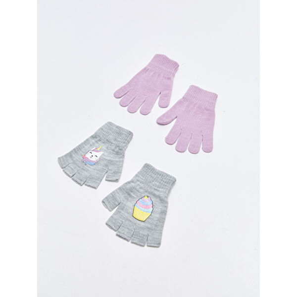 Baskılı Kız Çocuk Triko Eldiven 2'li