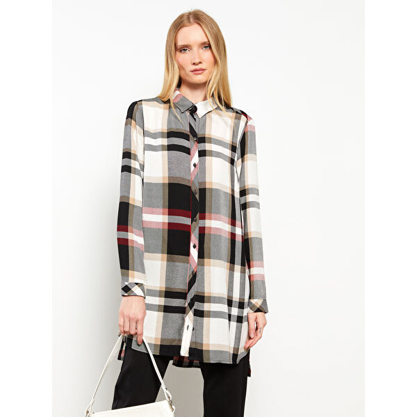 Gömlek Yaka Ekose Uzun Kollu Viskon Kadın Tunik