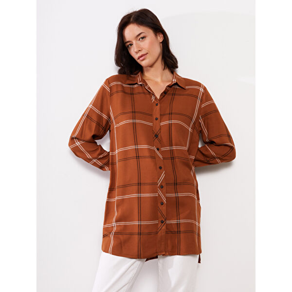 Gömlek Yaka Ekose Uzun Kollu Viskon Kadın Tunik