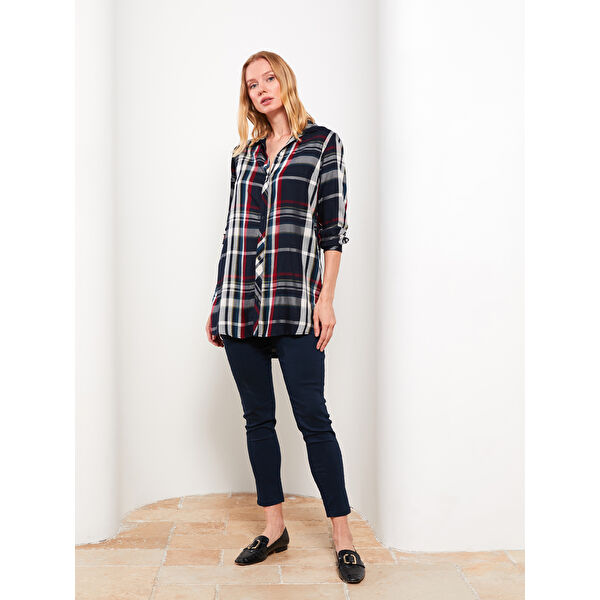 Gömlek Yaka Ekose Uzun Kollu Viskon Kadın Tunik