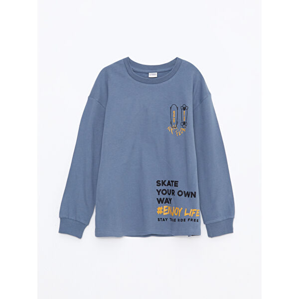 Bisiklet Yaka Baskılı Uzun Kollu Pamuklu Erkek Çocuk Tişört