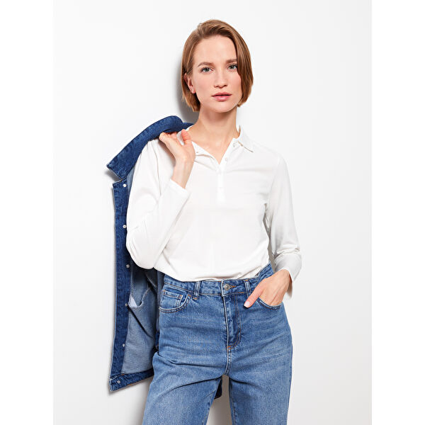 Polo Yaka Düz Uzun Kollu Pike Kadın Tişört