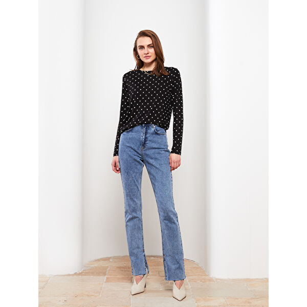 Bisiklet Yaka Puantiyeli Uzun Kollu Kadın Tişört