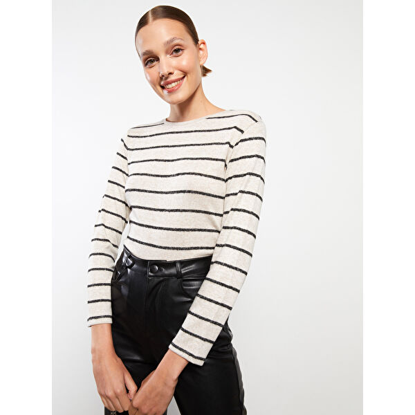 Bisiklet Yaka Çizgili Uzun Kollu Kadın Tişört