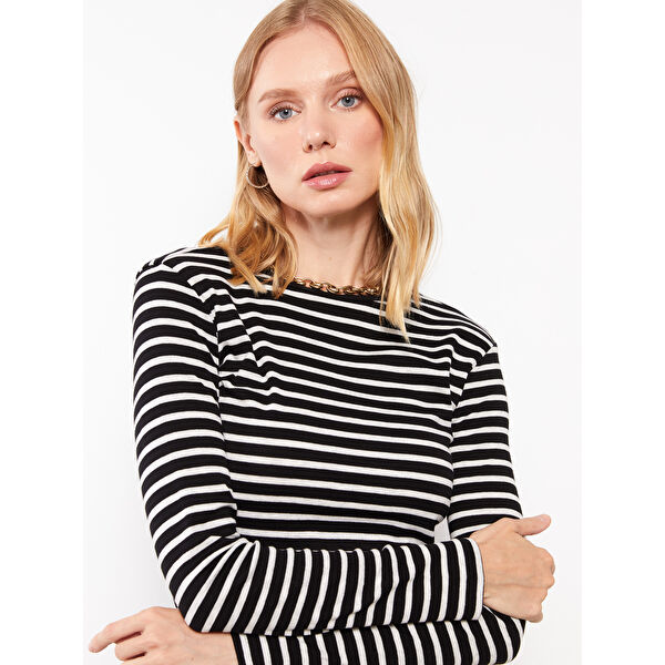 Bisiklet Yaka Çizgili Uzun Kollu Kadın Tişört