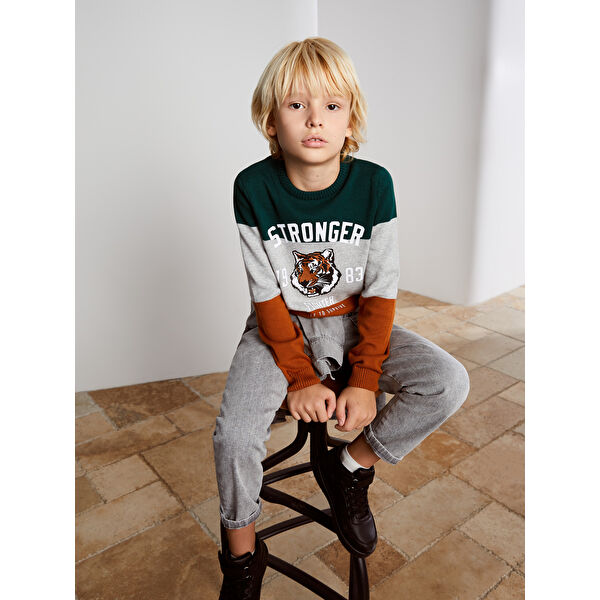 Bisiklet Yaka Desenli Uzun Kollu Erkek Çocuk Triko Kazak