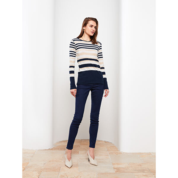 Bisiklet Yaka Çizgili Uzun Kollu Kadın Tişört