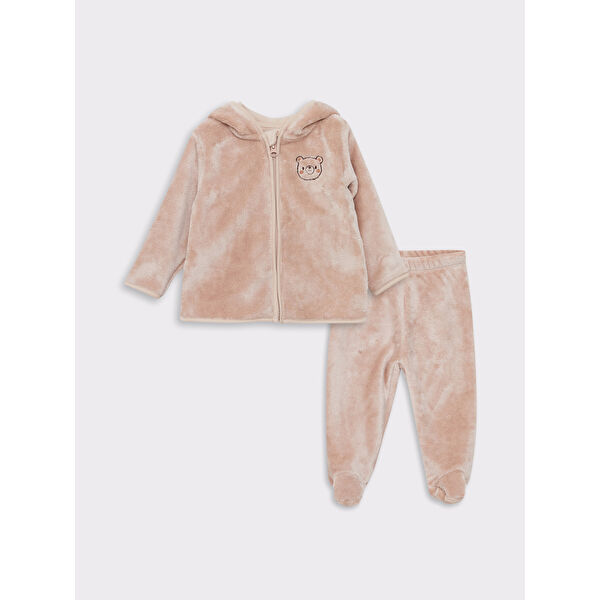 Kapüşonlu Uzun Kollu Pelüş Erkek Bebek Fermuarlı Sweatshirt ve Pantolon 2'li Takım