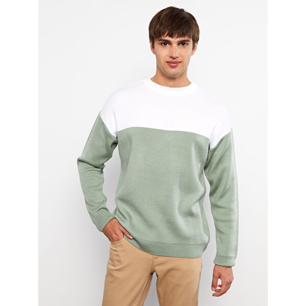 Bisiklet Yaka Uzun Kollu Renk Bloklu Erkek Triko Kazak