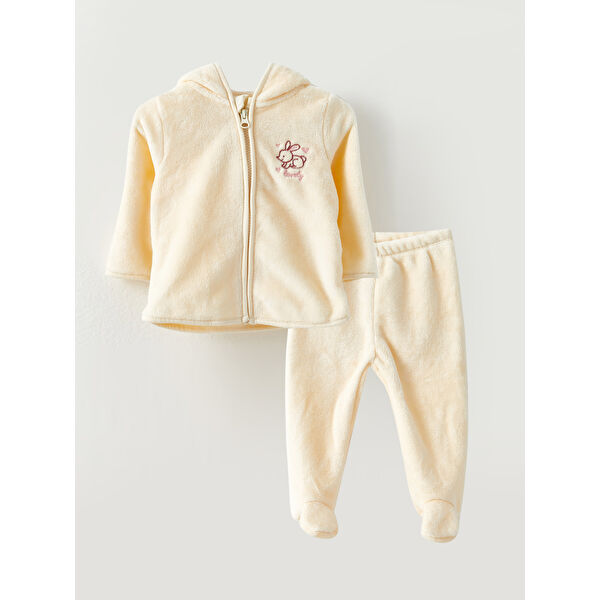 Kapüşonlu Uzun Kollu Pelüş Kız Bebek Fermuarlı Sweatshirt ve Pantolon 2'li Takım