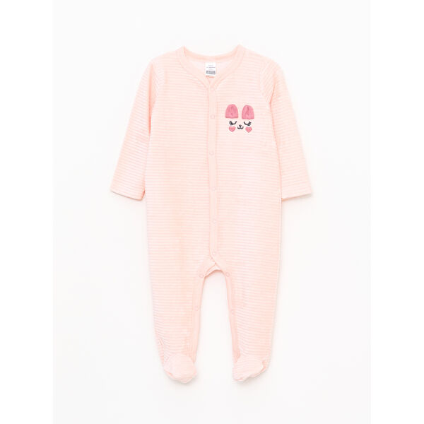 V Yaka Uzun Kollu Nakış Detaylı Kız Bebek Tulum