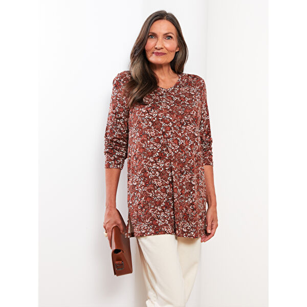 V Yaka Desenli Uzun Kollu Kadın Tunik