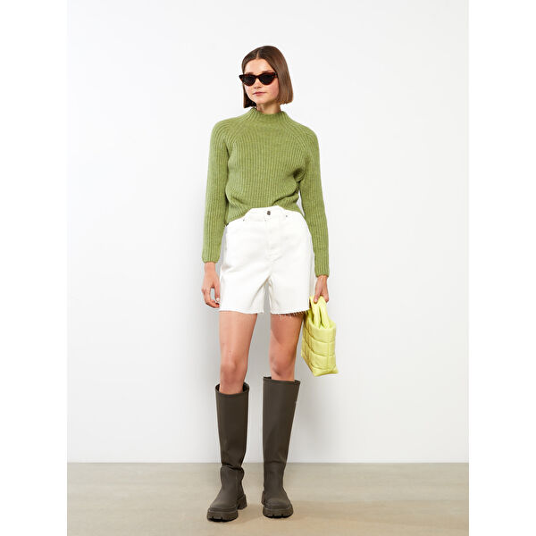 Yarım Balıkçı Yaka Düz Uzun Kollu Kadın Triko Kazak