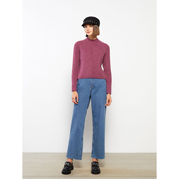 Yarım Balıkçı Yaka Düz Uzun Kollu Kadın Triko Kazak