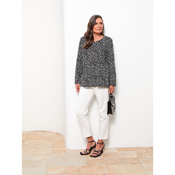 Bisiklet Yaka Desenli Uzun Kollu Kadın Tişört