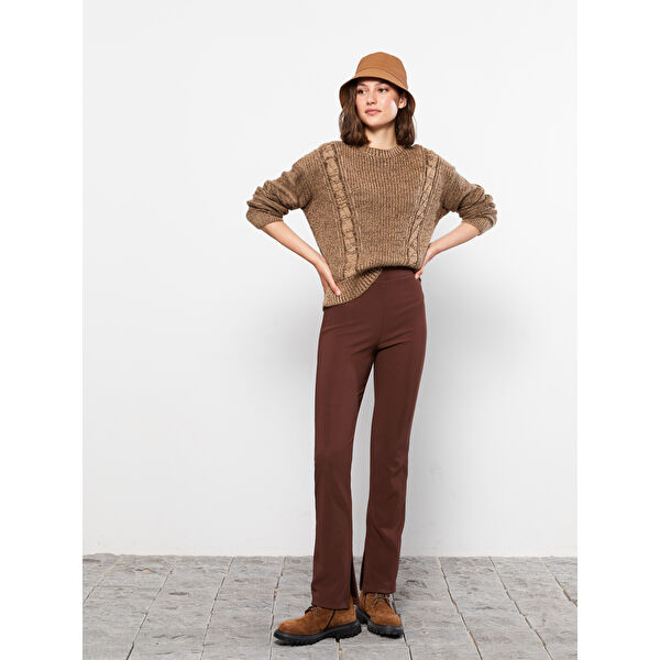 Bisiklet Yaka Kendinden Desenli Uzun Kollu Kadın Triko Kazak