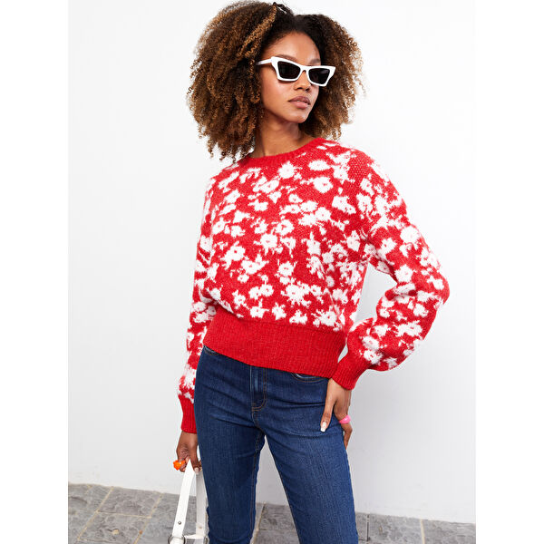 Bisiklet Yaka Desenli Uzun Kollu Kadın Triko Kazak