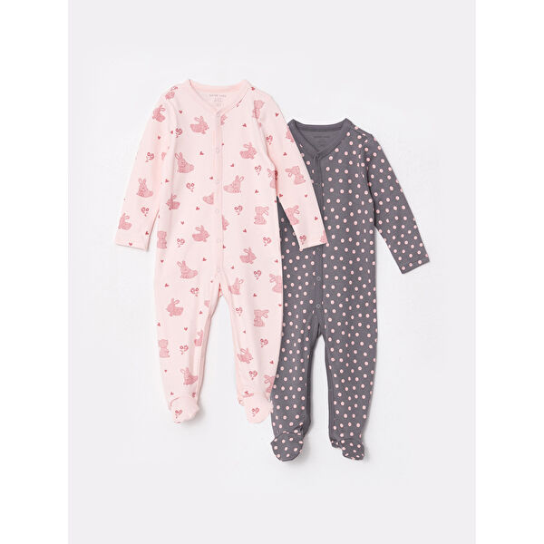 V Yaka Uzun Kollu Baskılı Kız Bebek Tulum 2'li