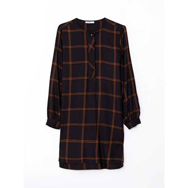 Bisiklet Yaka Ekose Uzun Kollu Viskon Kadın Tunik