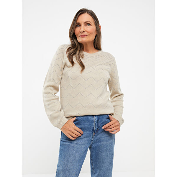 Bisiklet Yaka Desenli Uzun Kollu Kadın Triko Kazak Bisiklet Yaka Desenli Uzun Kollu Kadın Triko Kazak