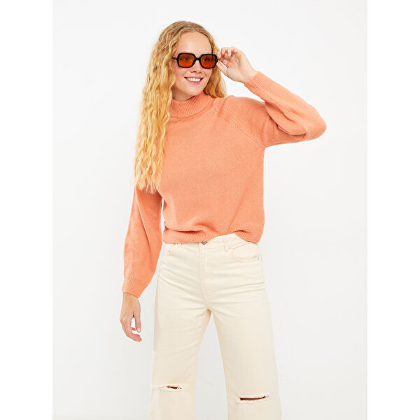 Yarım Balıkçı Yaka Düz Uzun Kollu Kadın Triko Kazak