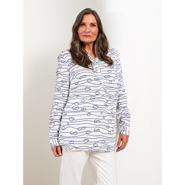 Kaçık Yaka Desenli Uzun Kollu Viskon Kadın Bluz