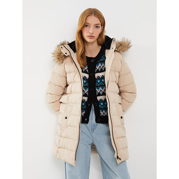 Kapüşonlu Düz Uzun Kollu Kadın Şişme Mont