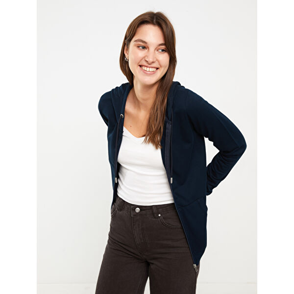 Kapüşonlu Düz Uzun Kollu Kadın Spor Hırka