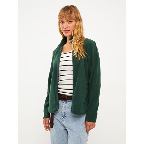 Dik Yaka Düz Uzun Kollu Polar Kadın Spor Hırka