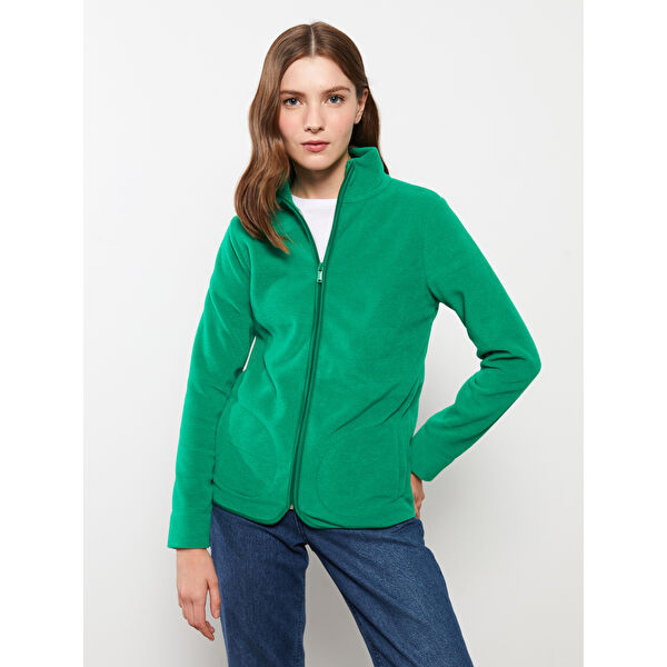 Dik Yaka Düz Uzun Kollu Polar Kadın Spor Hırka