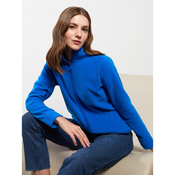 Dik Yaka Düz Uzun Kollu Polar Kadın Spor Hırka