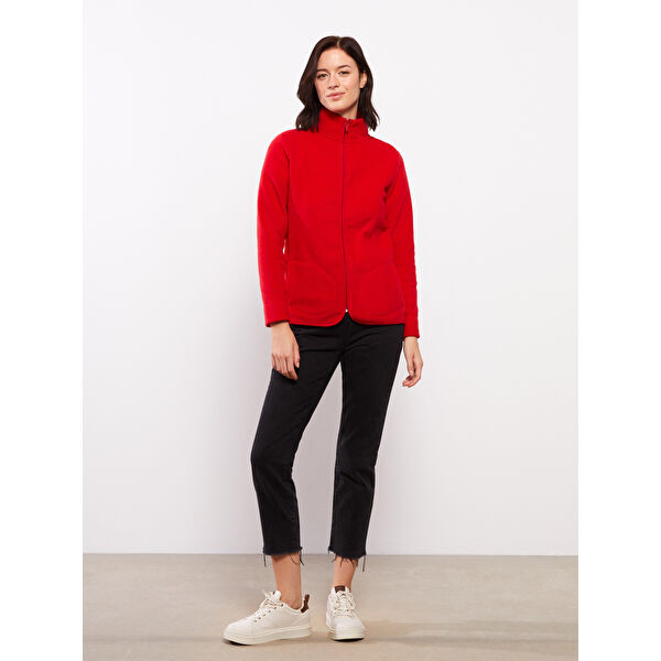 Dik Yaka Düz Uzun Kollu Polar Kadın Spor Hırka