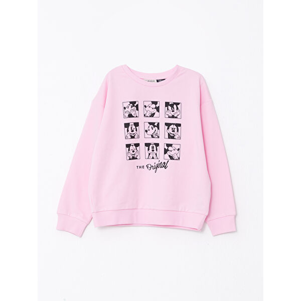 Bisiklet Yaka Mickey Mouse Baskılı Uzun Kollu Kız Çocuk Sweatshirt